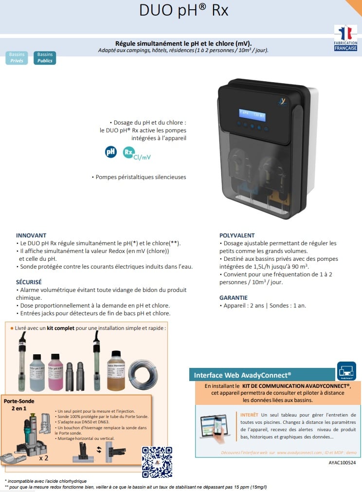 Régulateur de pH + pilotage redox Avady Duo pH Rx - Régulation automatisée - Automatismes d ...